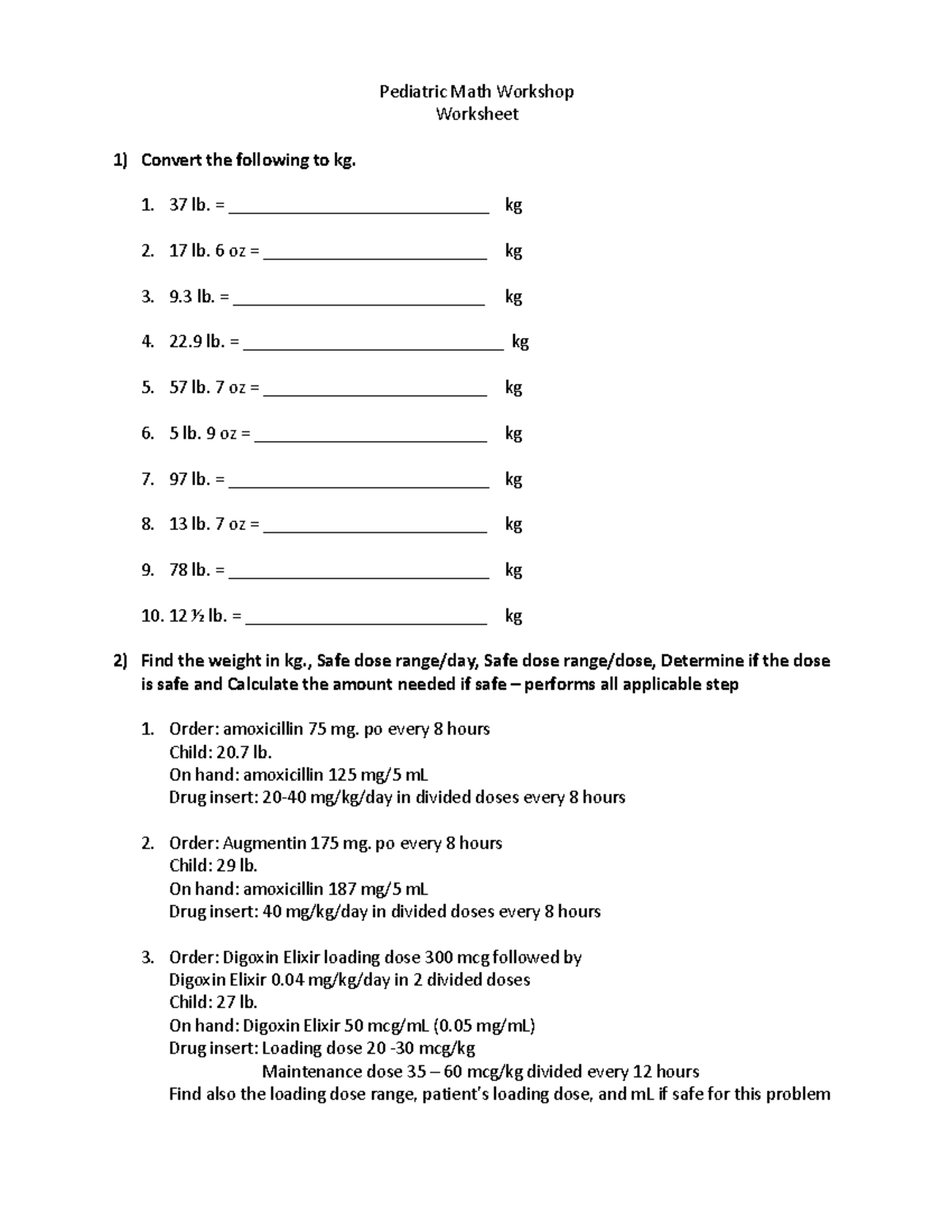 Pediatric Math Workshop - Pediatric Math Workshop Worksheet 1) Convert ...