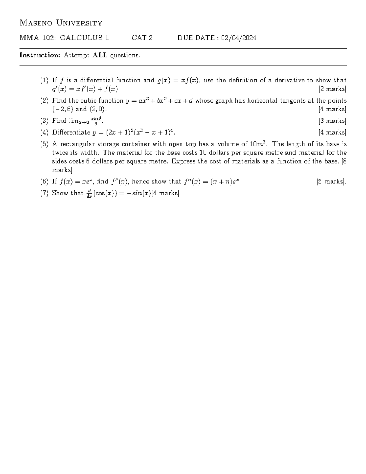Cat 2 mma 102 2024 - Revision question - Maseno University MMA 102 ...