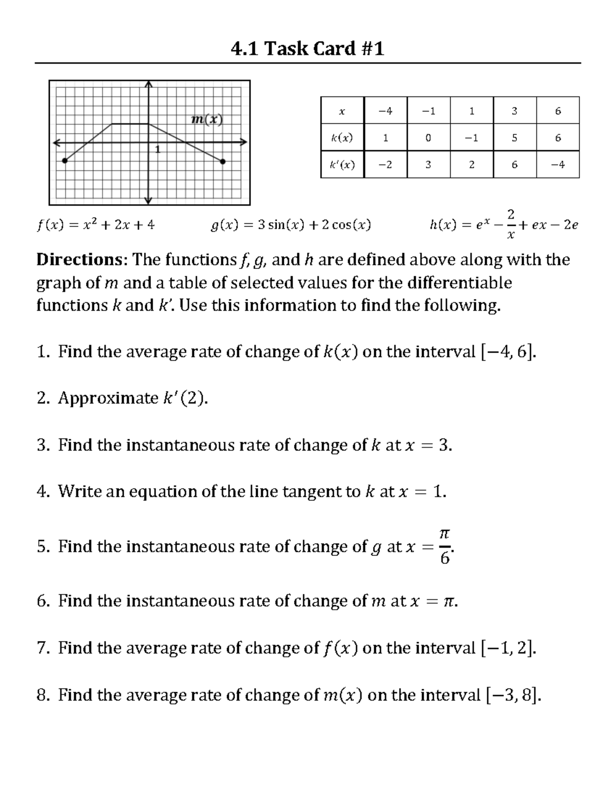 AP Calc 4.1 Practice Task Cards - 𝑓 ( 𝑥 ) = 𝑥 ! 2 𝑥 + 4 𝑔 ( 𝑥 ) = 3 sin ...