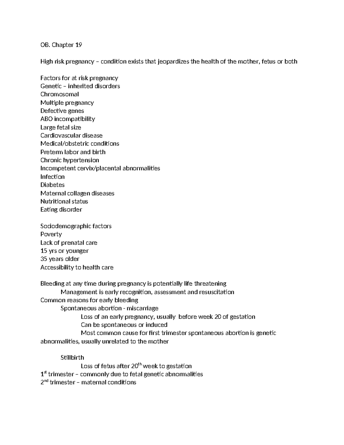 Ob study - information for nursing - OB. Chapter 19 High risk pregnancy ...