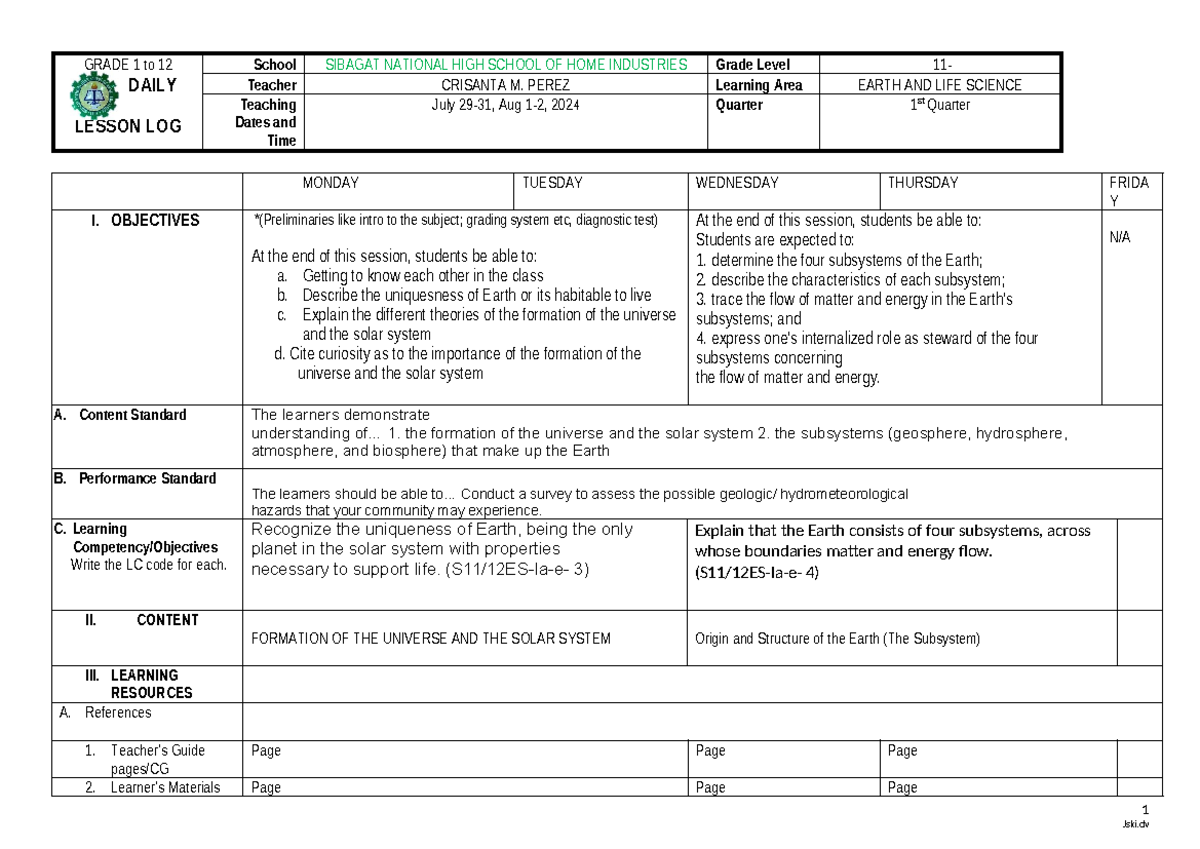 DLL- 1st week JULY 29 - DETAILED LESSON PLAN FOR EARTH AND LIFE SCIENCE ...