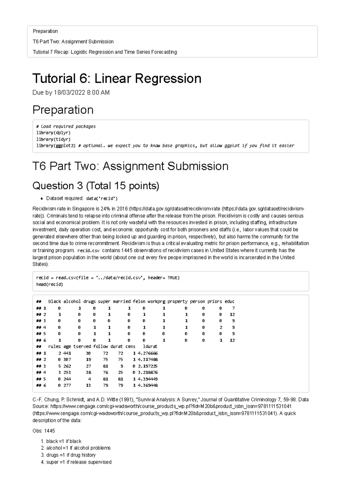 BT1101-T6 - Linear Regression Part II - T6 Part Two: Assignment Submission Tutorial 7 Recap ...