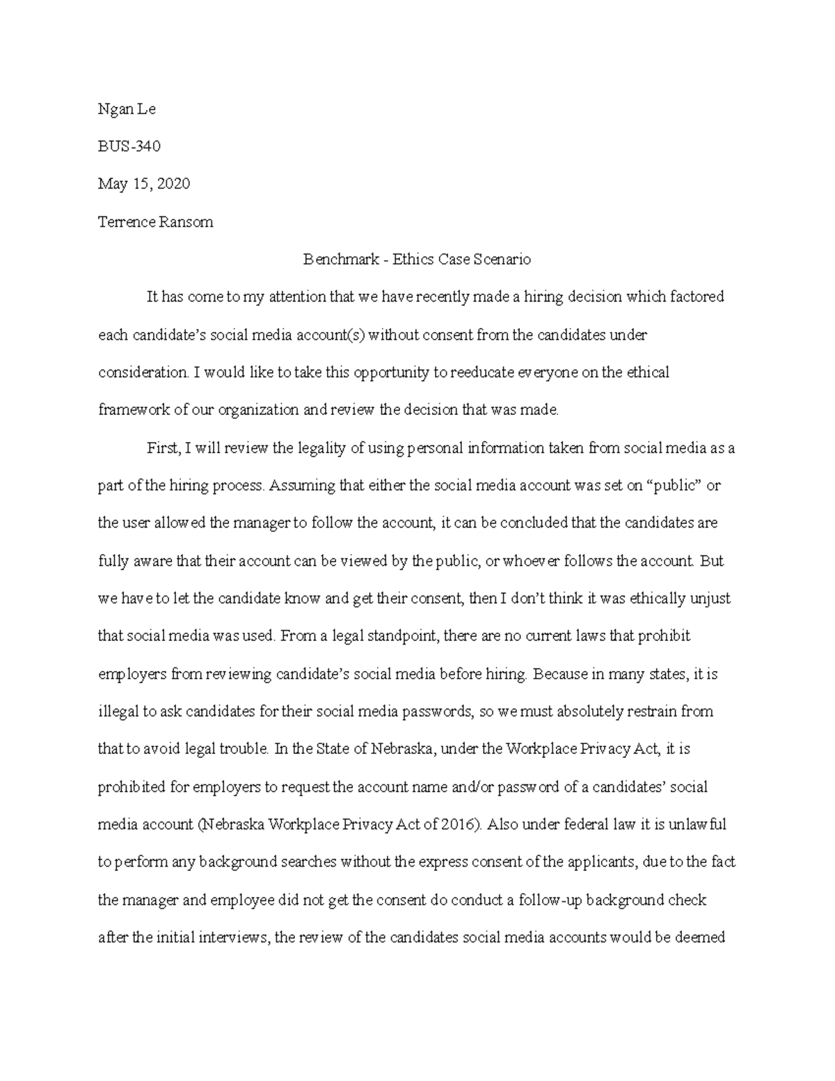 Benmark- Bus-340 - Ngan Le BUS- May 15, 2020 Terrence Ransom Benchmark ...