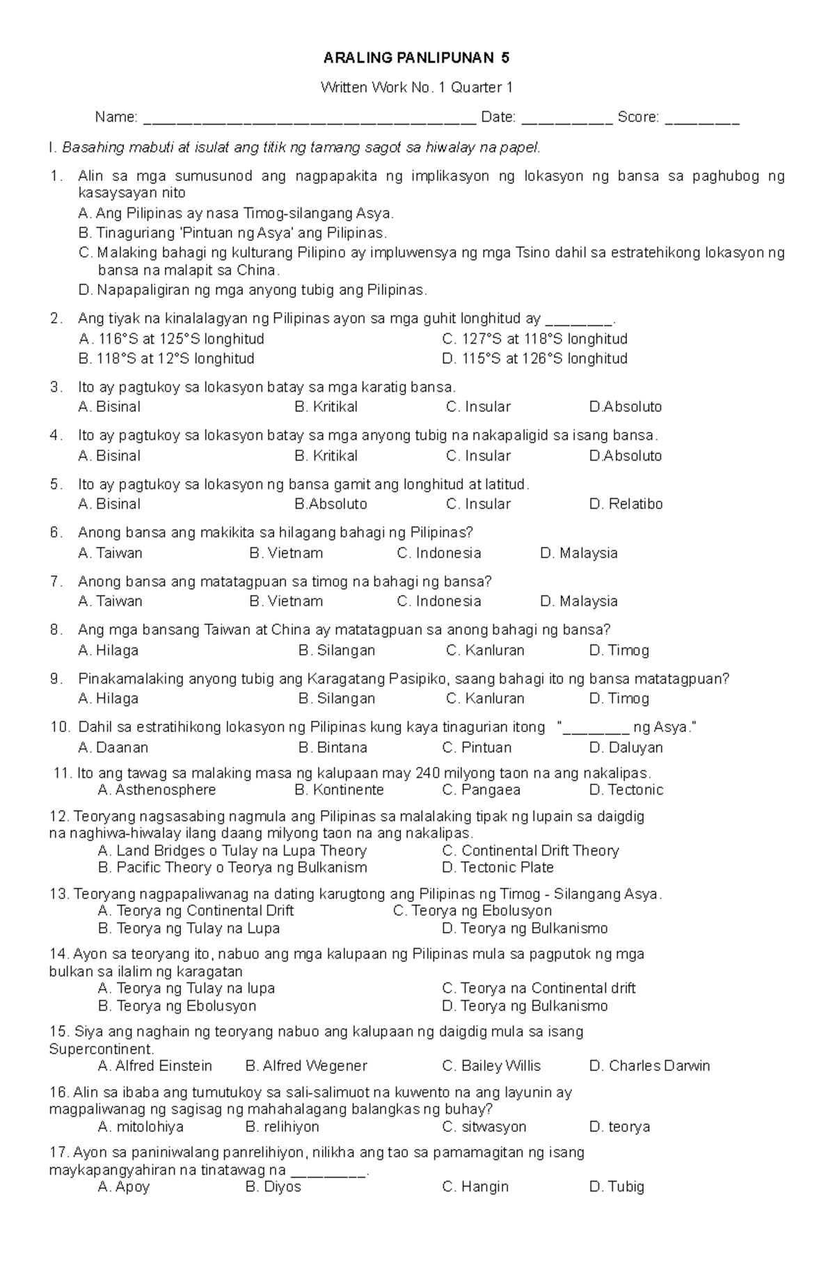 Ap 1 Activity Sheet Q3 W1 Sheets Araling Panlipunan Hot Grade 3 Quarter