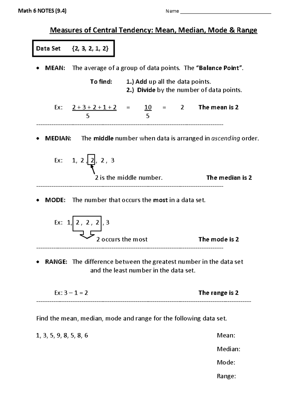 Mean Mode Range Notes - here are some basic lectures - Math 6 NOTES (9 ...