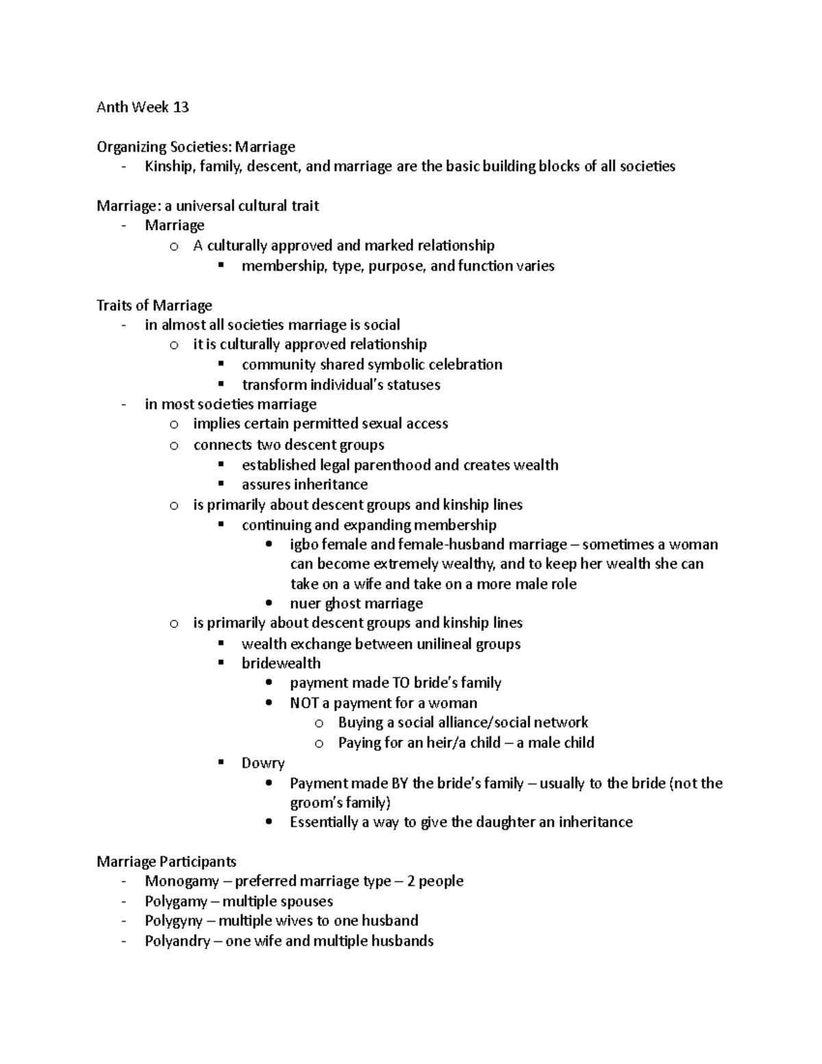 Anth Week 13 - Fall 22/23 Jason Gonzalez Anth 1102 - Anth Week 13 Organizing Societies: Marriage ...