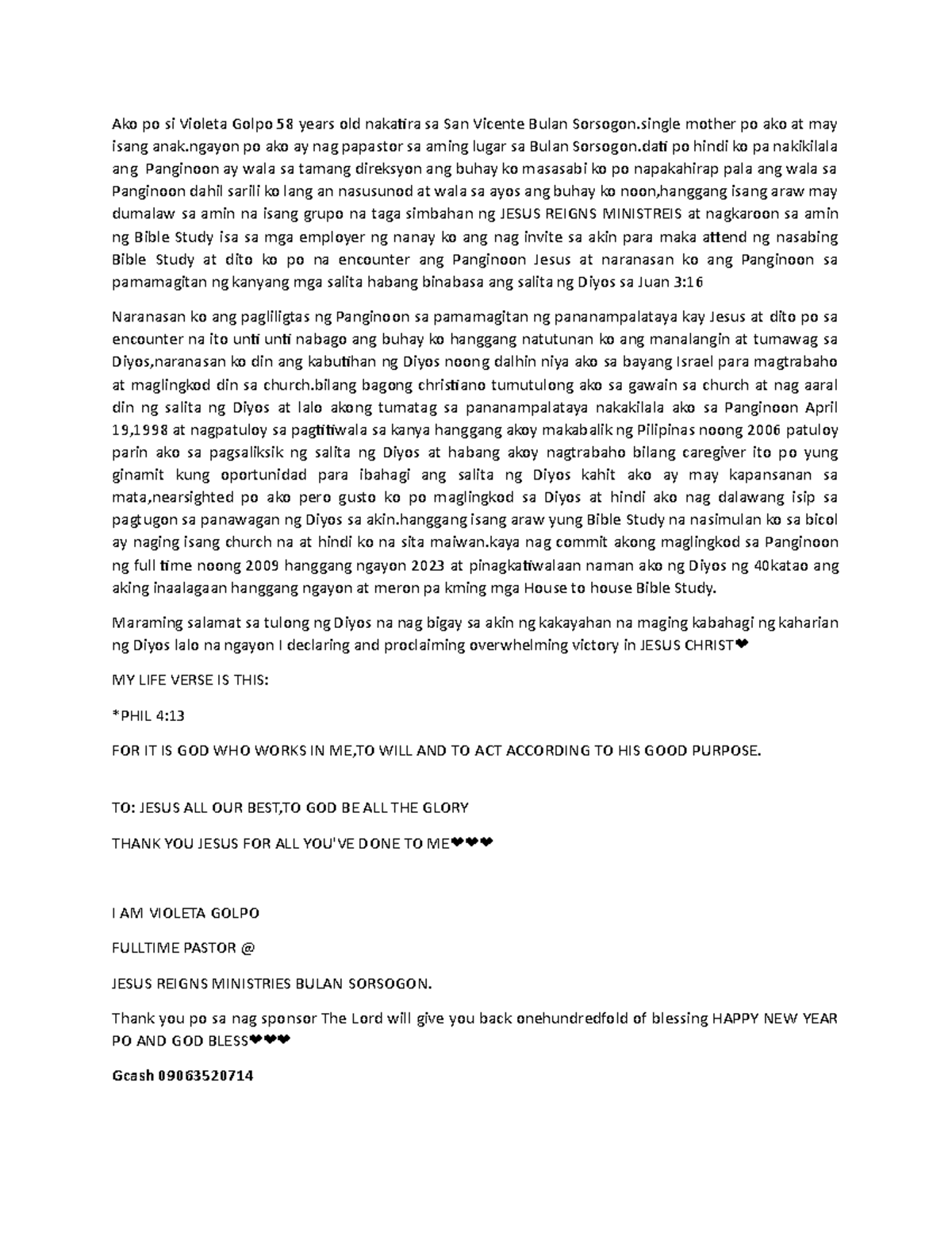 Narrative Testimony 2023 - Ako po si Violeta Golpo 58 years old ...