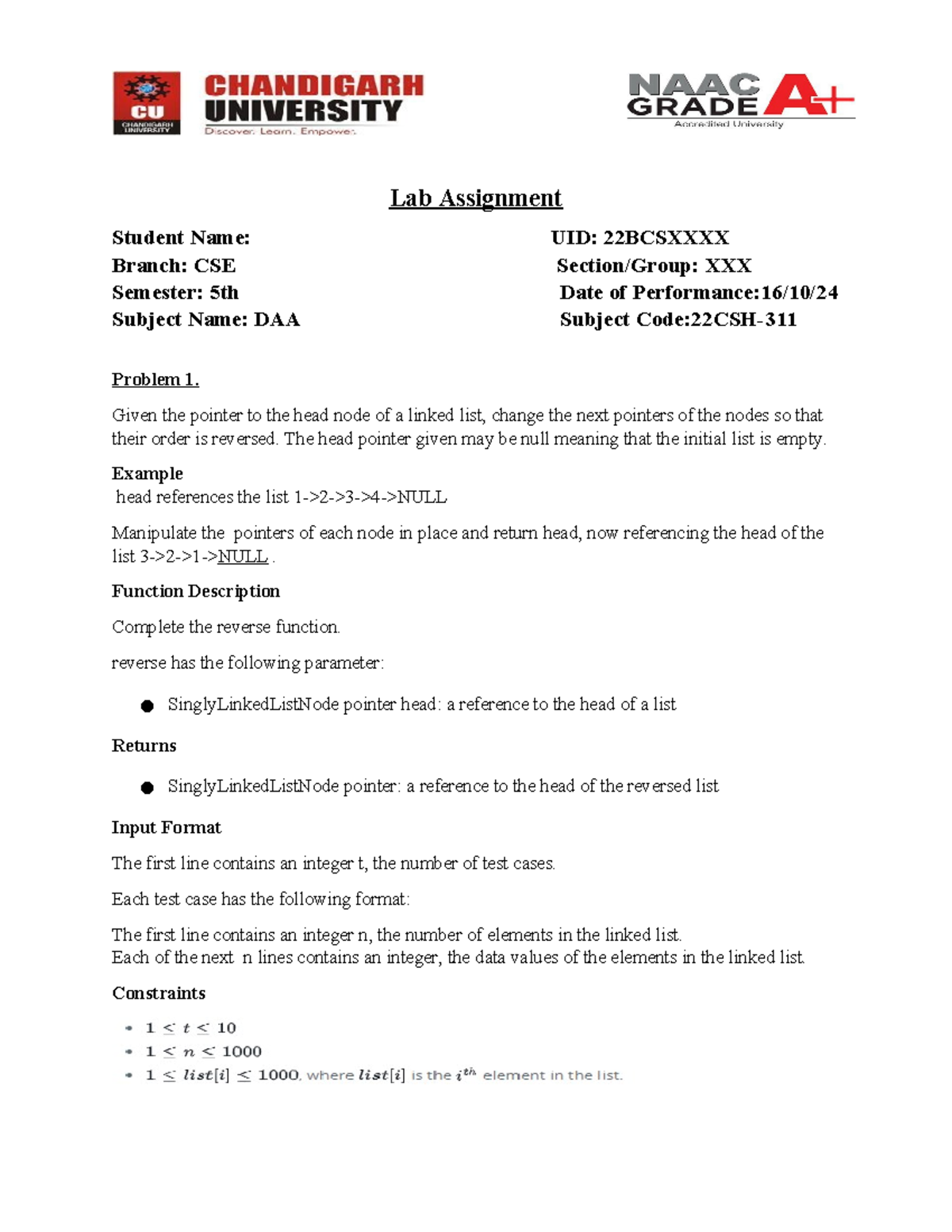 Daa 2nd worksheet - Lab Assignment Student Name: UID: 22BCSXXXX Branch: CSE Section/Group: XXX ...