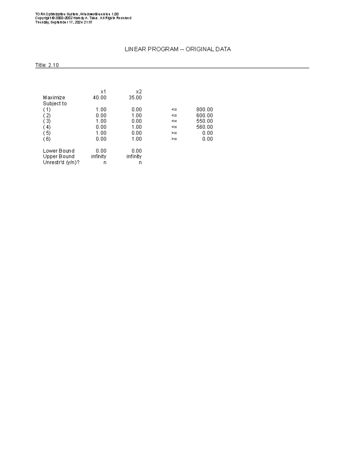 2 - TORA code - TORA Optimization System, Windows®-version 1. Copyright ...