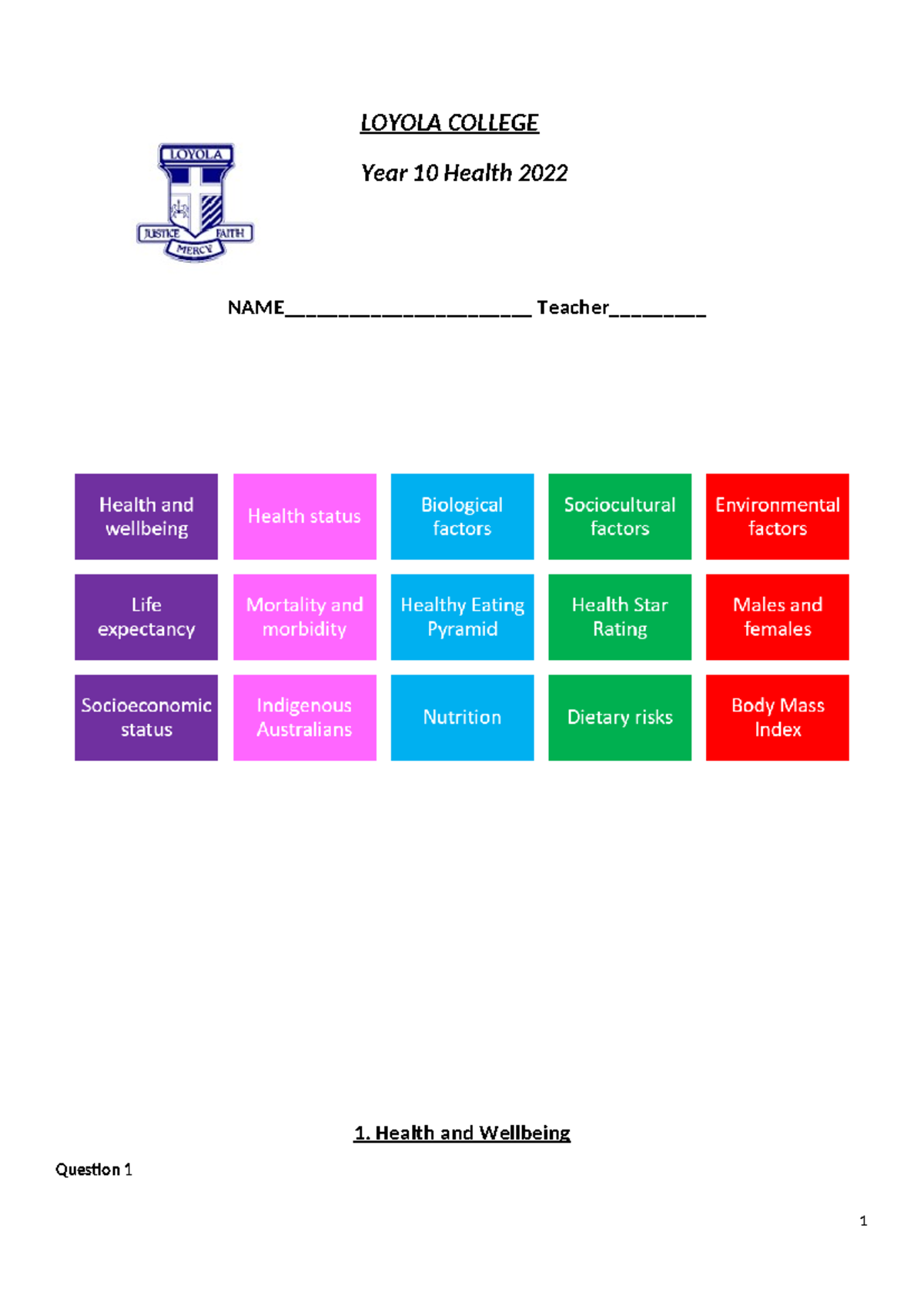 Australia's Health - Booklet - LOYOLA COLLEGE Year 10 Health 2022 NAME