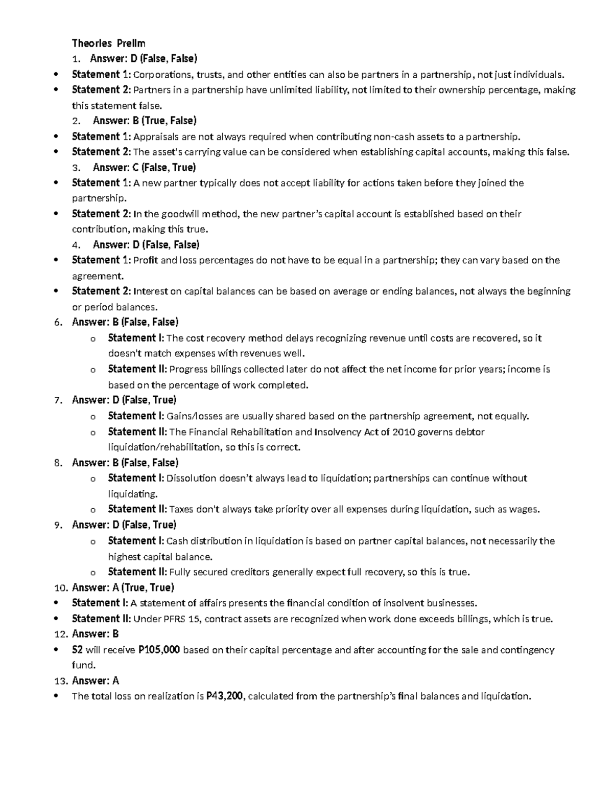 Thhhh - Theories - Theories Prelim 1. Answer: D (False, False ...