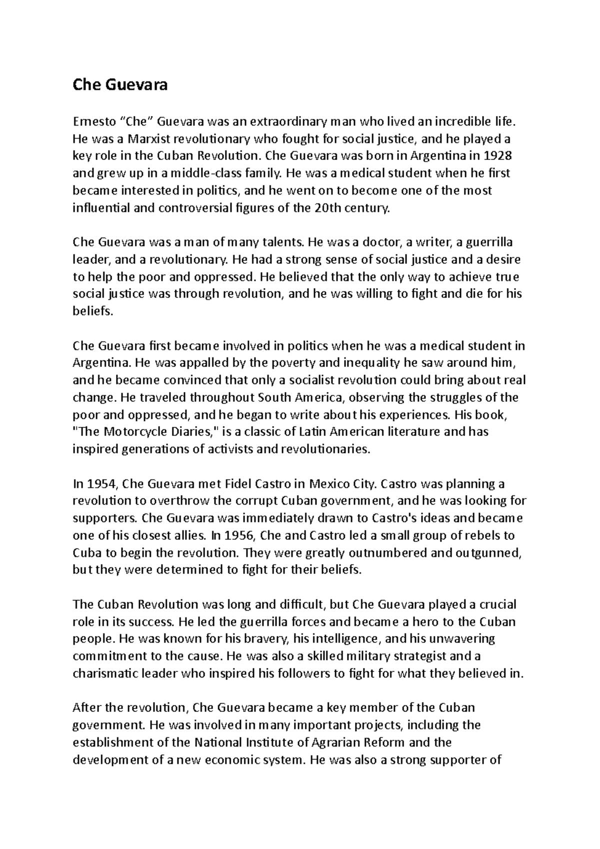 Che Guevara - Che Guevara Ernesto “Che” Guevara was an extraordinary ...