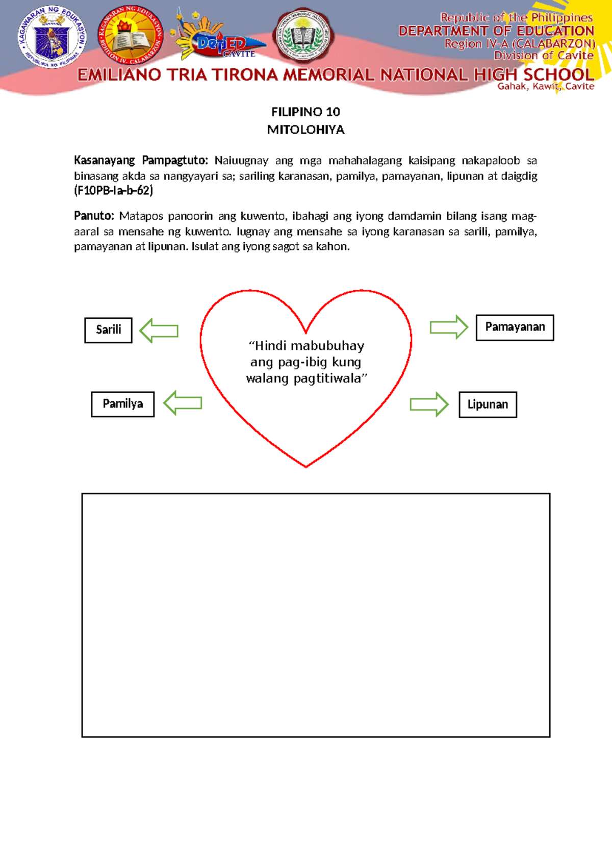 Gawain Mitolohiya - A worksheet about mythology - FILIPINO 10 ...