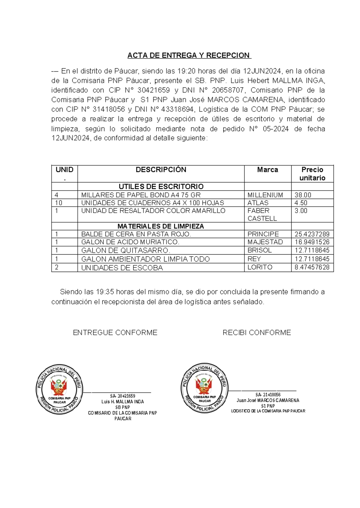 ACTA DE Entrega DE Utiles Y Mantenimiento - ACTA DE ENTREGA Y RECEPCION - En el distrito de ...