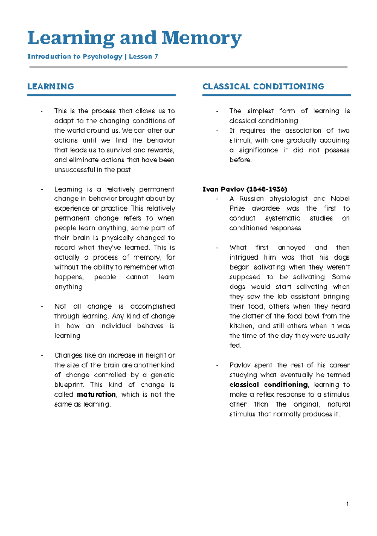 ITP Finals Reviewer - Learning and Memory Introduction to Psychology ...