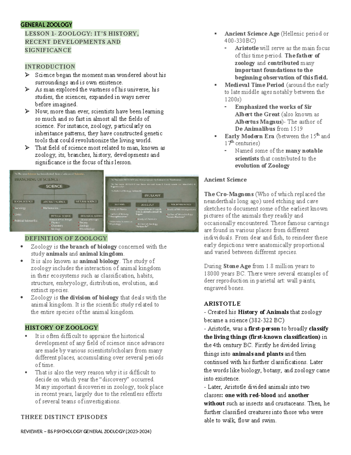 Genzoo Reviewer Lesson 1-4 - LESSON 1- ZOOLOGY: IT’S HISTORY, RECENT ...