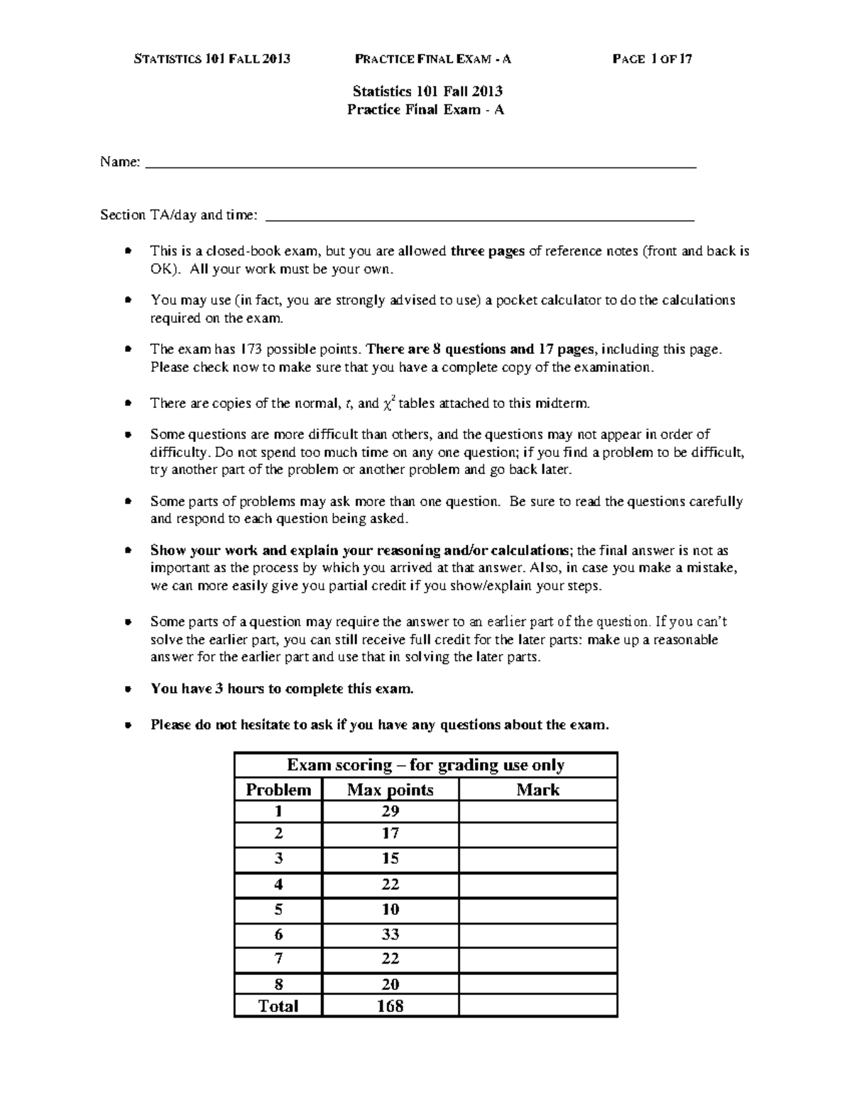 Final Exam A 12 June 2014, questions - STATISTICS 101 FALL 2013 ...