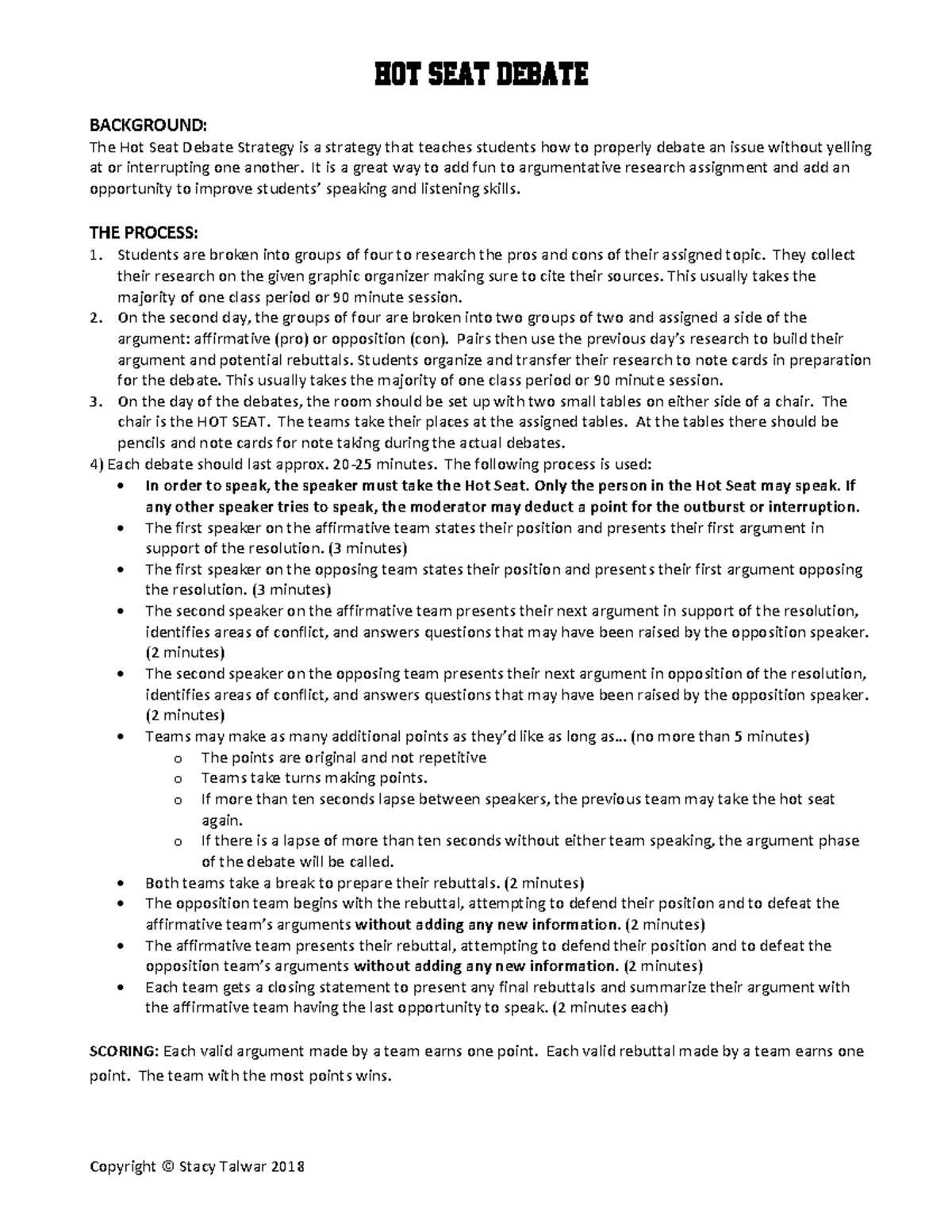Hot Seat Debate Argumentative Researchand Debate Activity-1 - Copyright ...