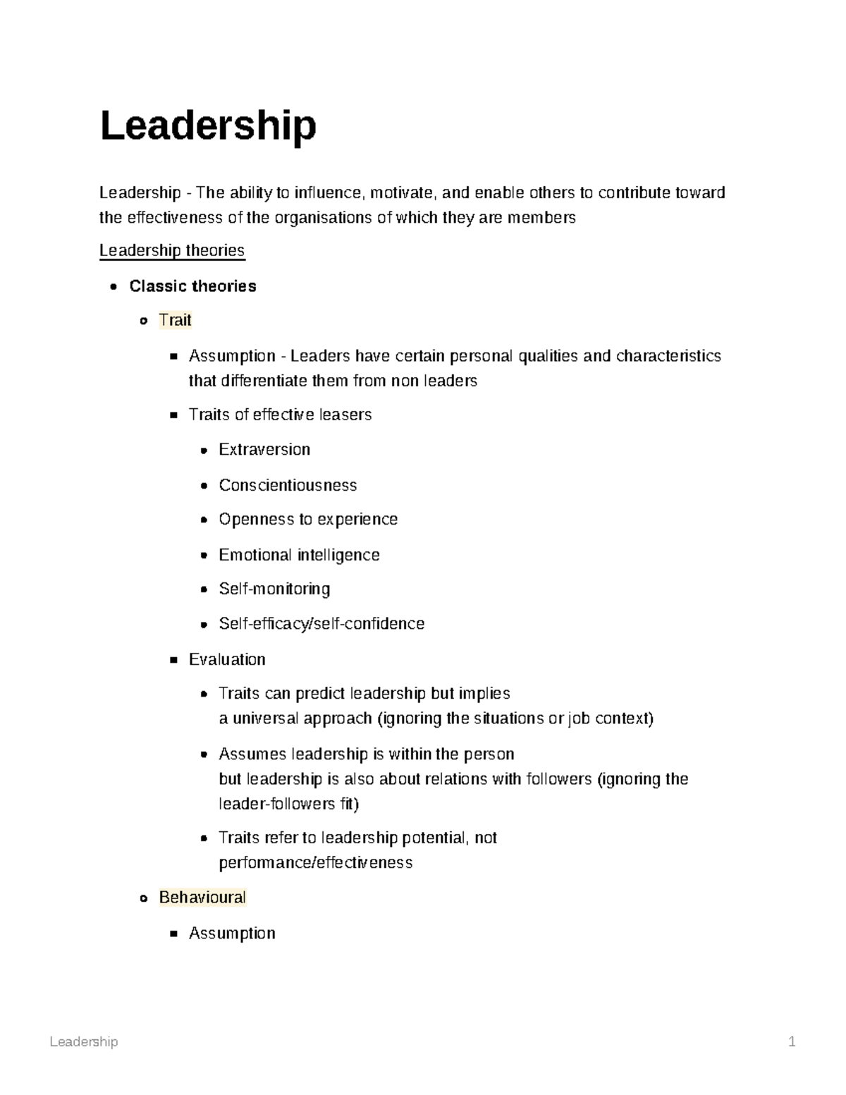 Leadership - detailed lecture notes - Leadership Leadership - The ...