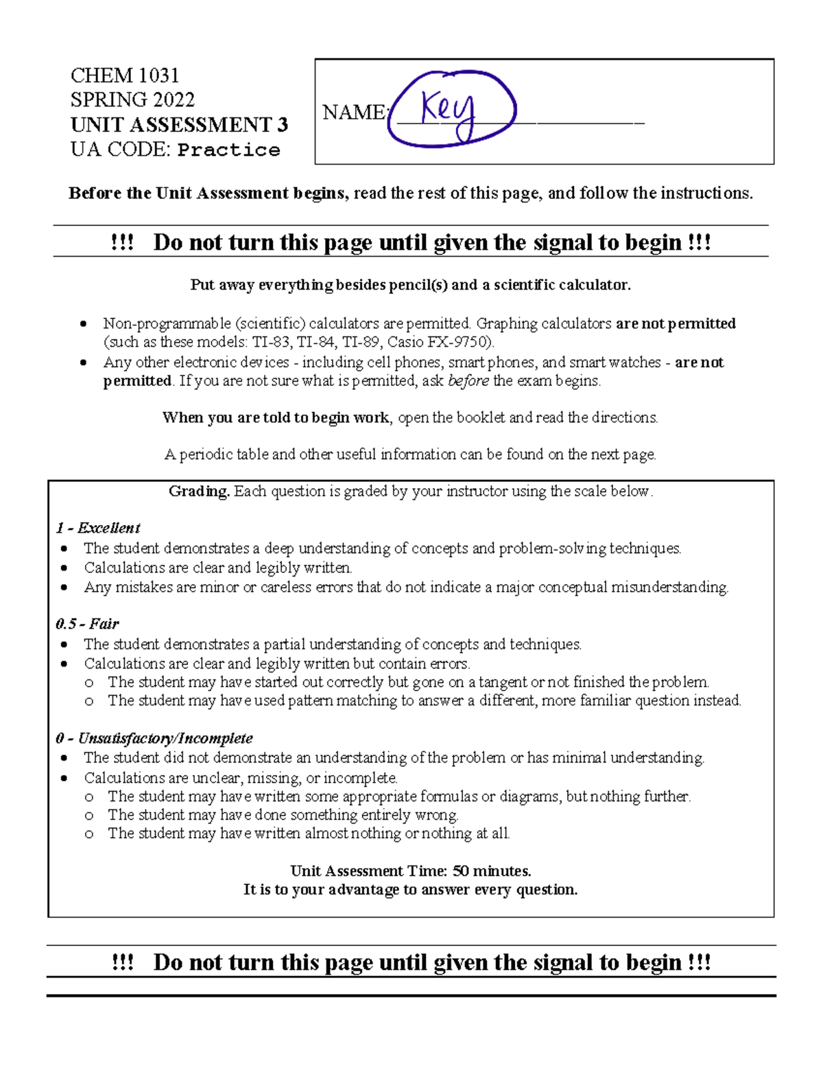 UA3 Practice - key - CHEM 1031 SPRING 2022 UNIT ASSESSMENT 3 UA CODE ...