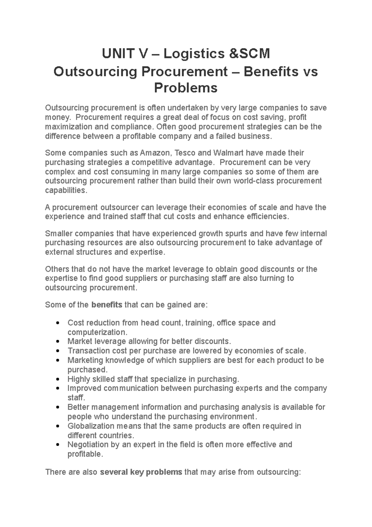 UNIT V e Procurement and outsourcing strategies - UNIT V – Logistics &SCM Outsourcing - Studocu