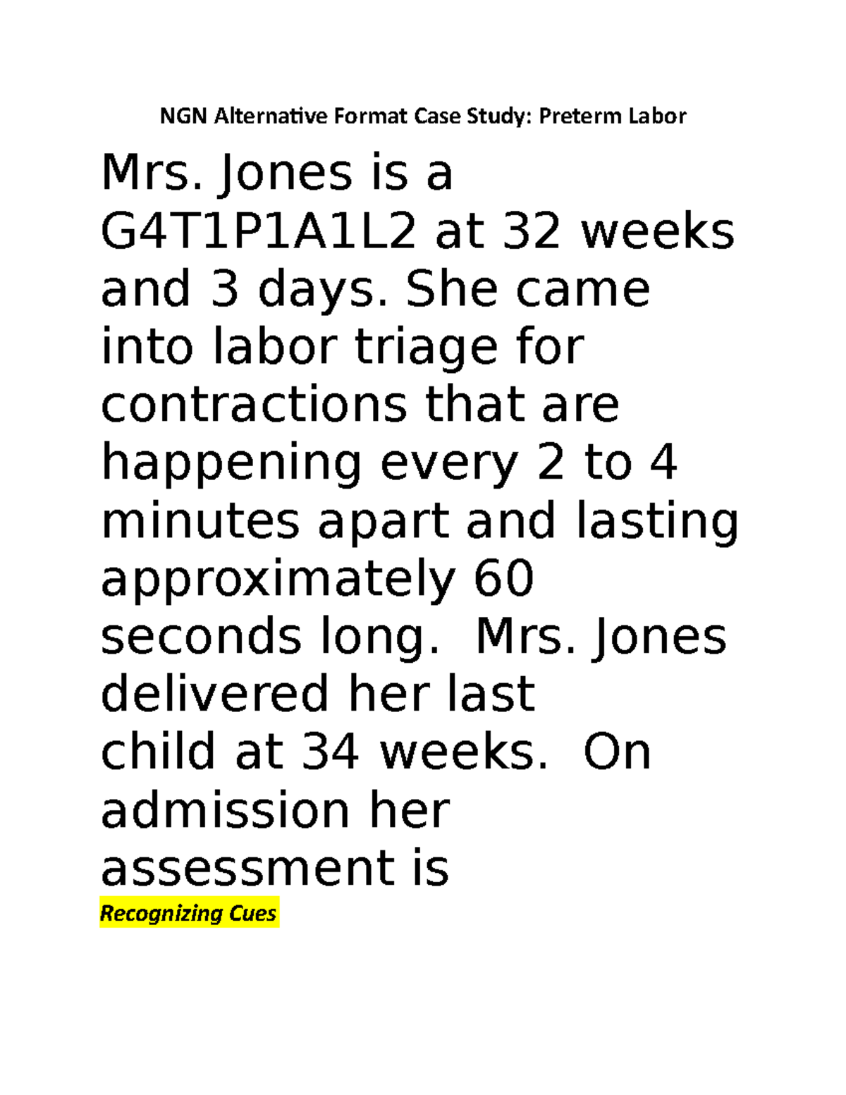 4. NGN Alternative Format Case Study Preterm labor - Jones is a ...