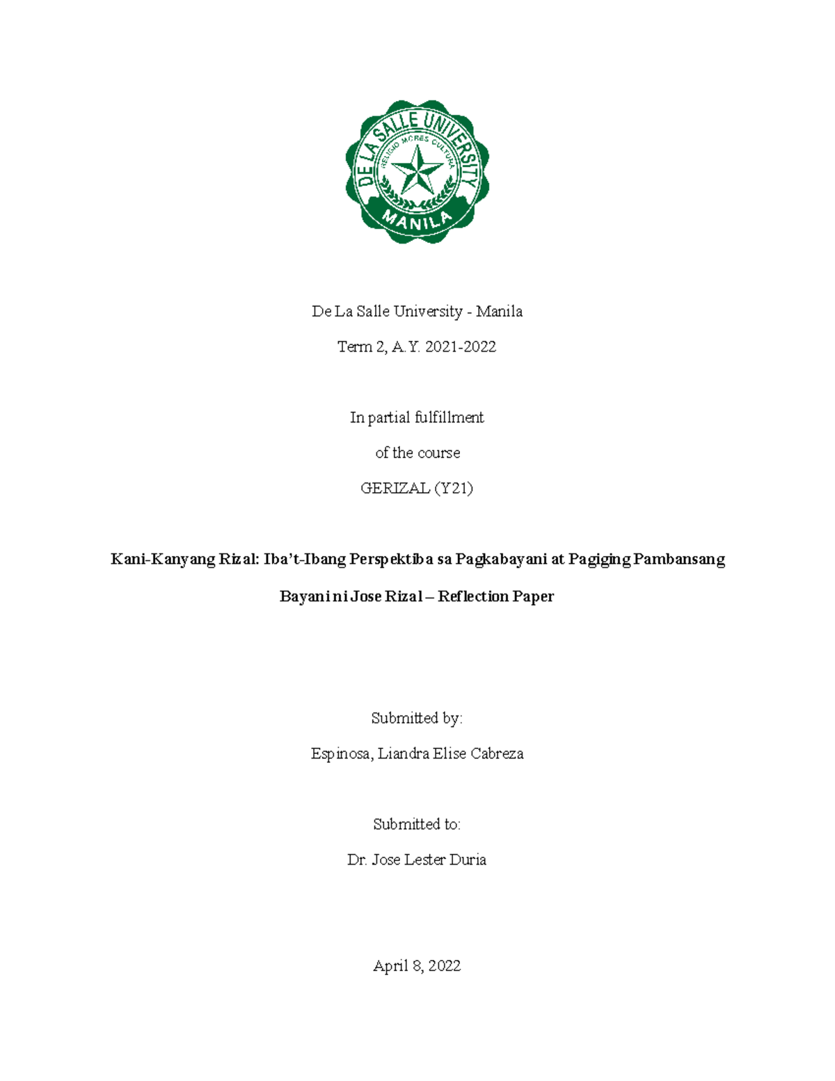 Espinosa, Lian Gerizal (Y21) Reflection Paper 2 - De La Salle ...