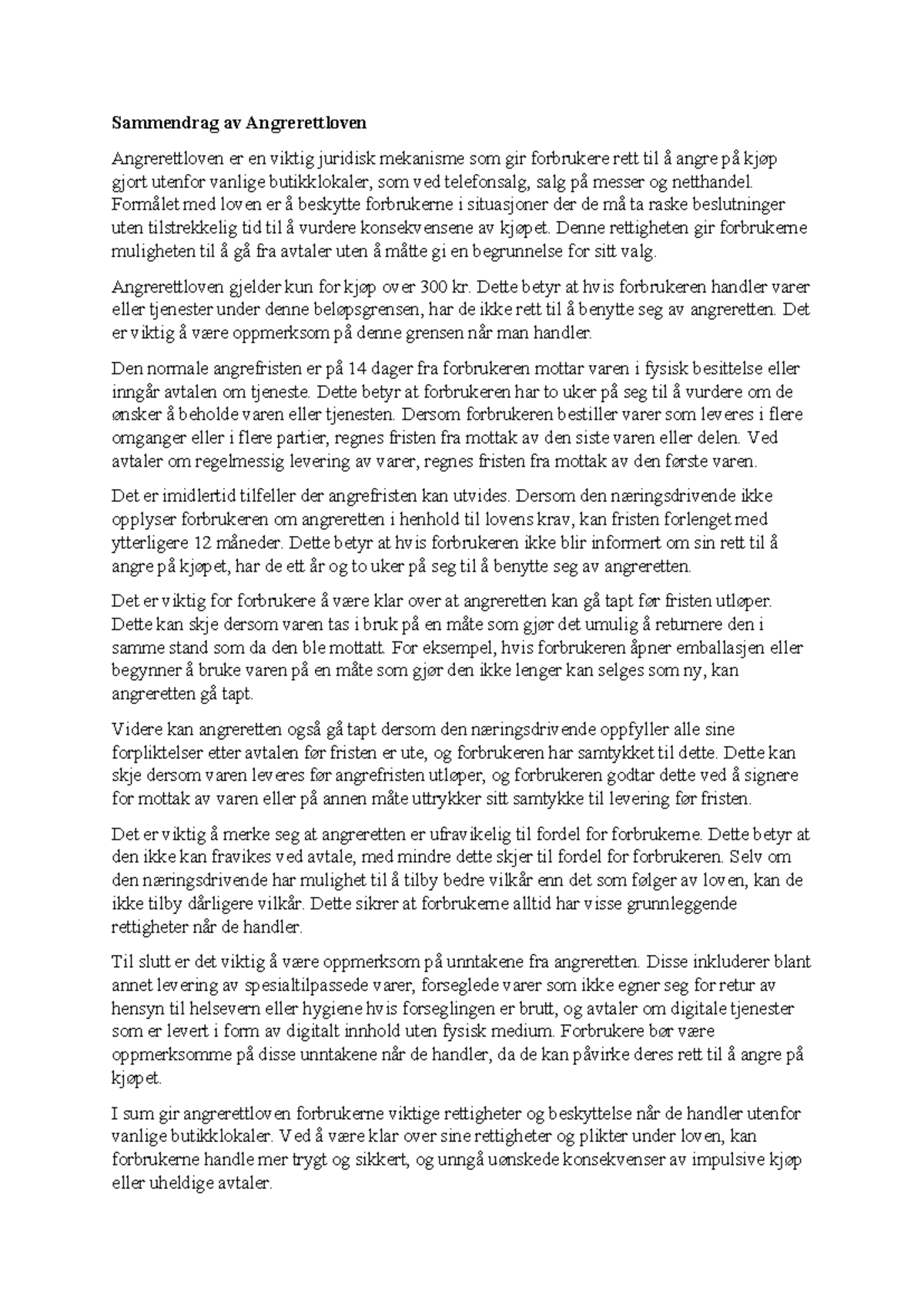 Angrerett innlevering Elias - Sammendrag av Angrerettloven ...