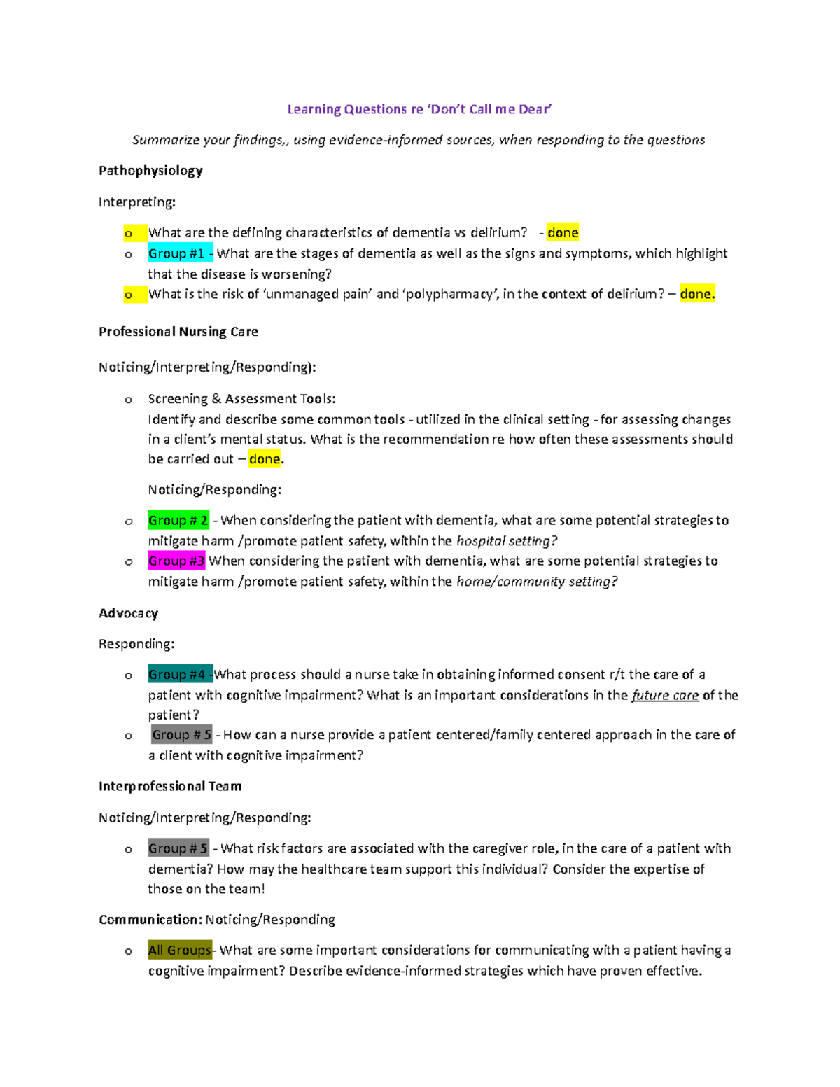 Week 5 learning questions re Don't call me dear - Learning Questions re ...