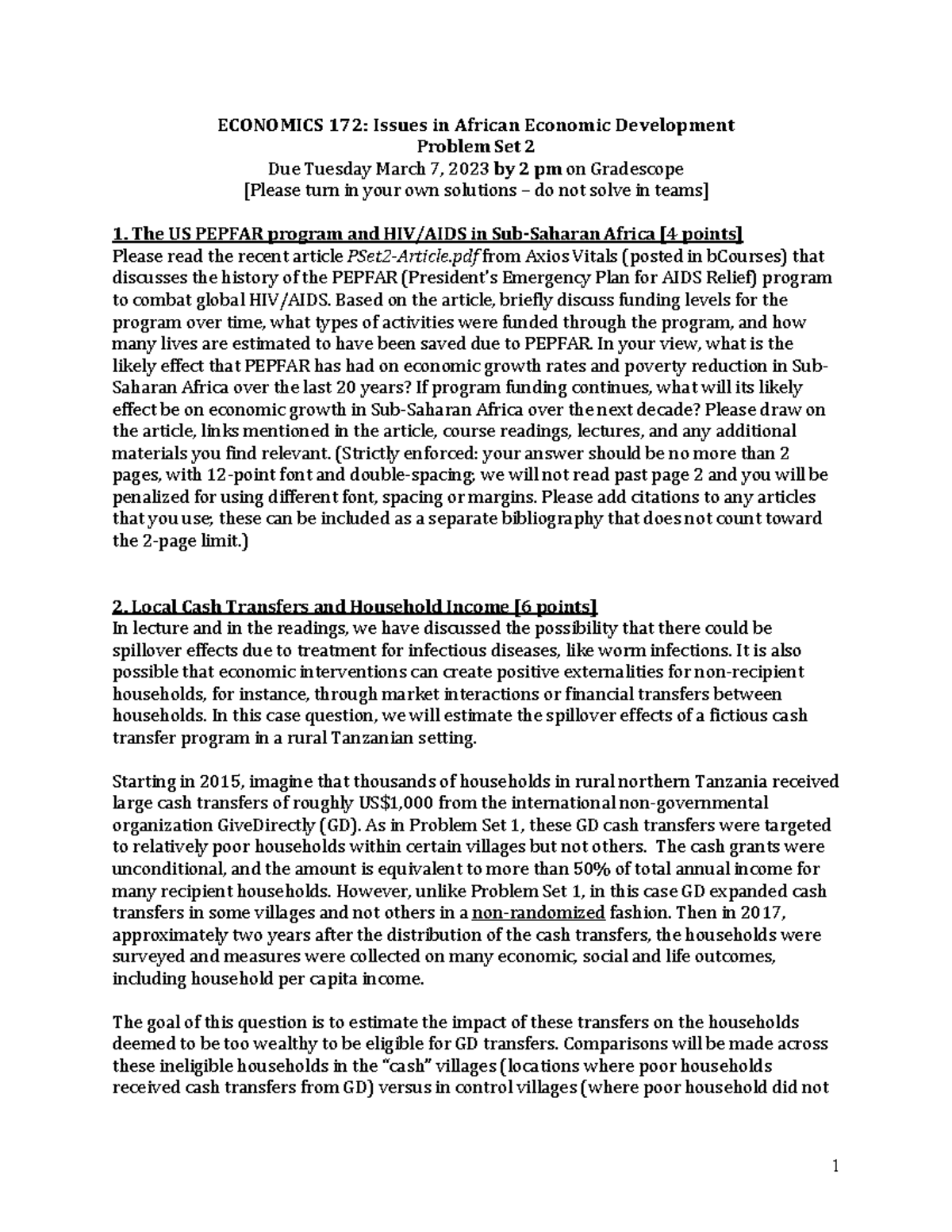 Econ172 Spring-2023 PS2 - 1 ECONOMICS 172: Issues in African Economic ...