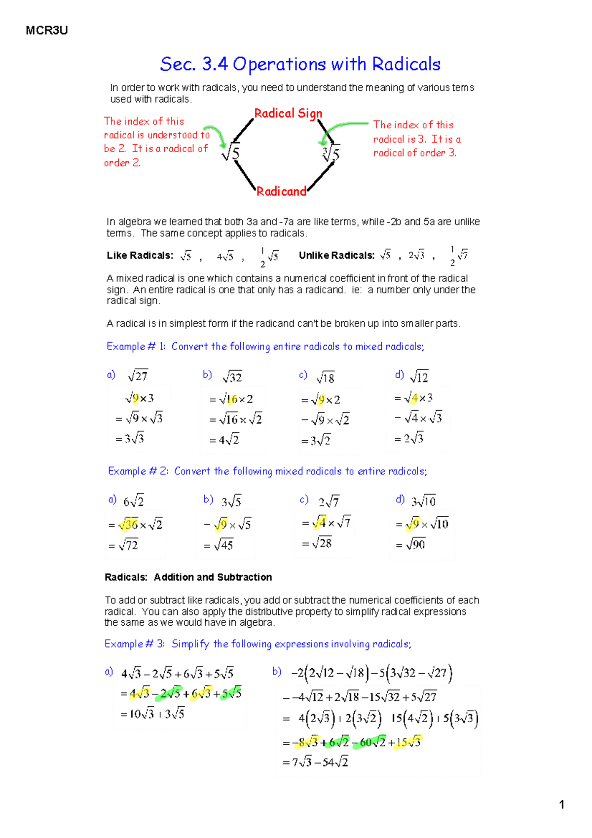 U03L03 Operations with Radicals - MCR3U 1 Sec. 3 Operations with ...