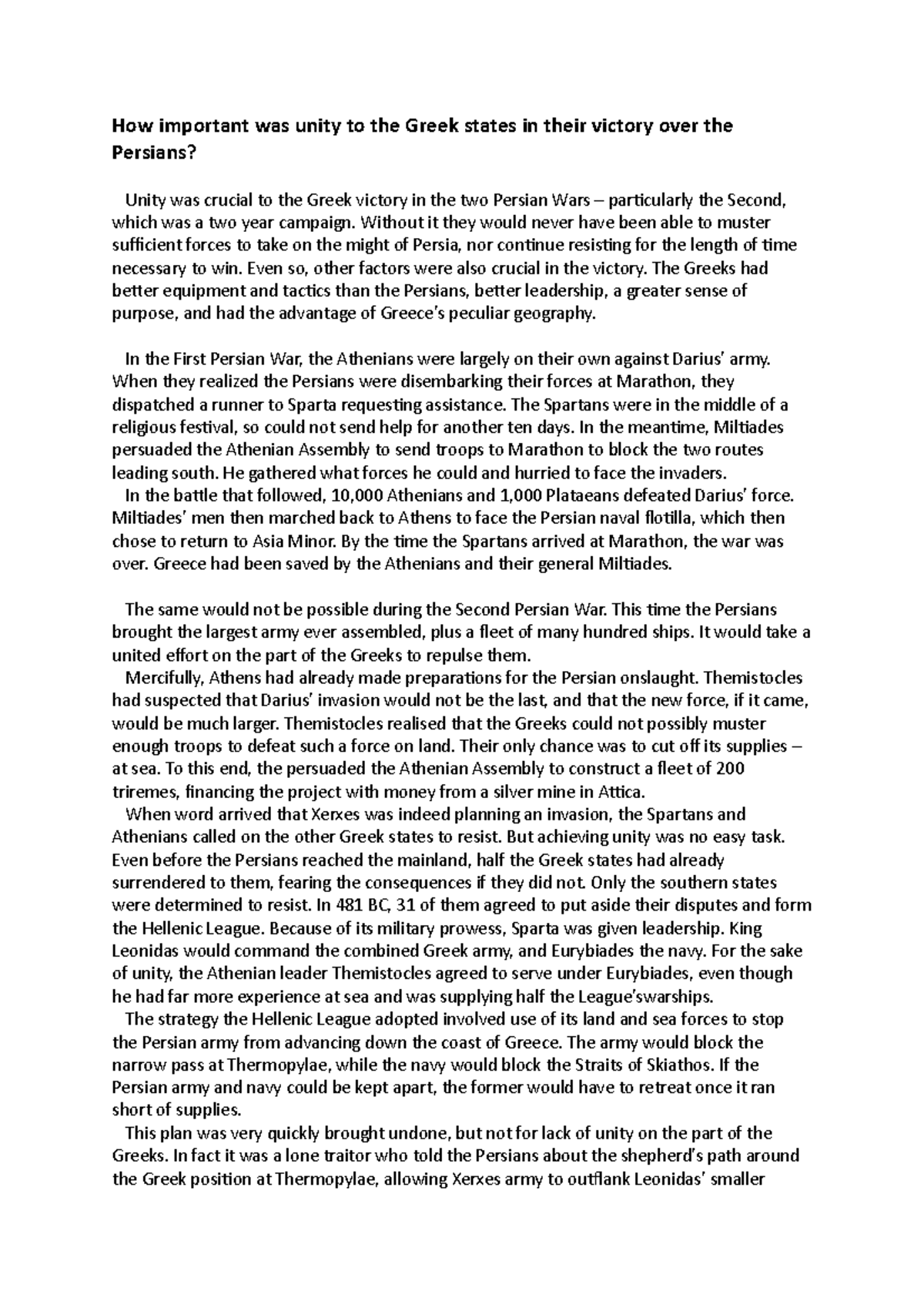 The importance of Greek unity in the Persian Wars - long essay - How ...