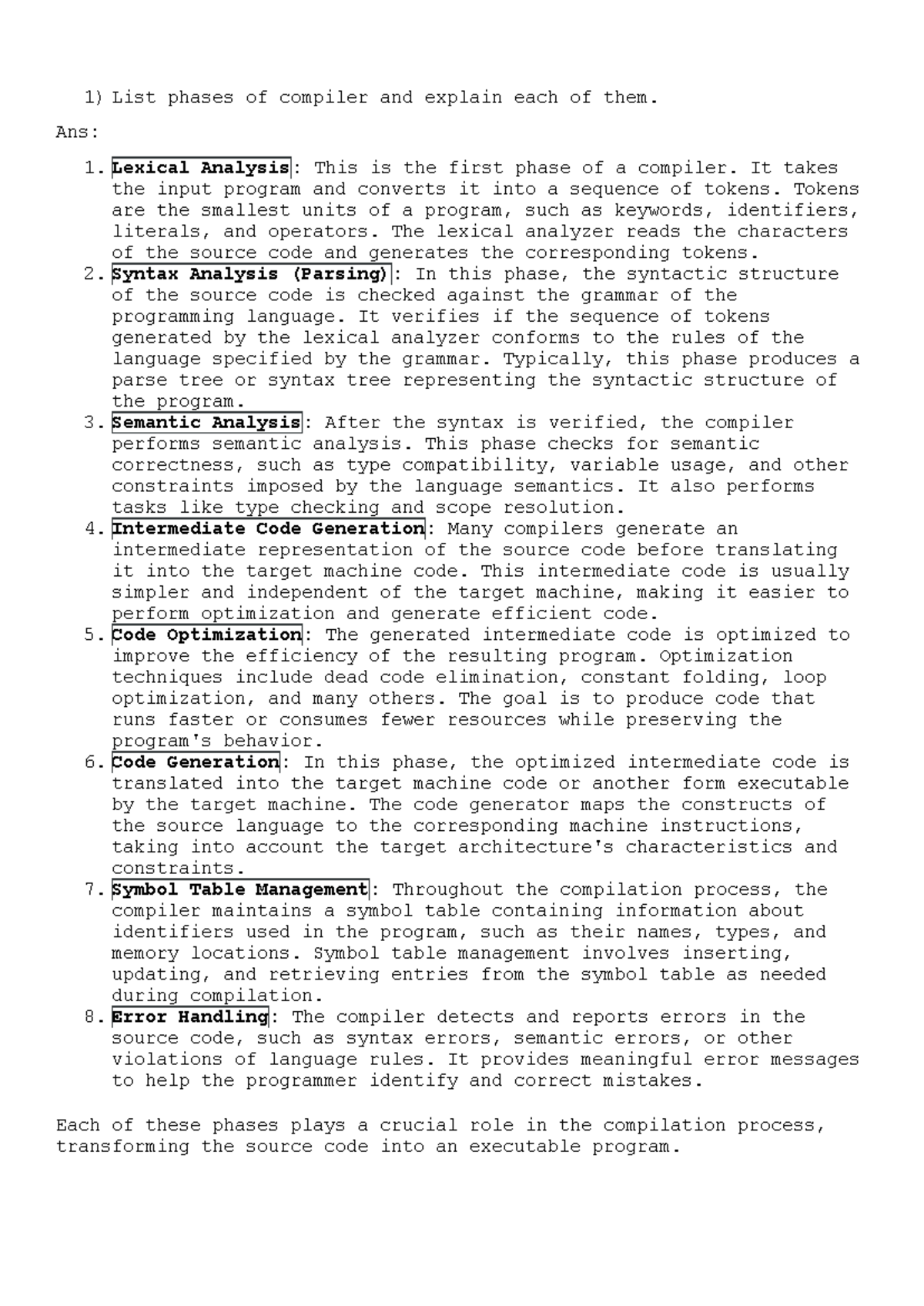 Compiler Design Assignment 1 - List phases of compiler and explain each ...