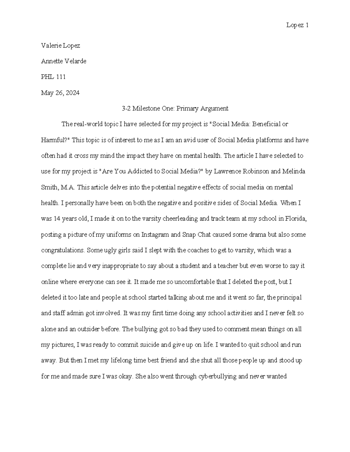 3-2 Milestone One - Primary Argument - Valerie Lopez Annette Velarde ...