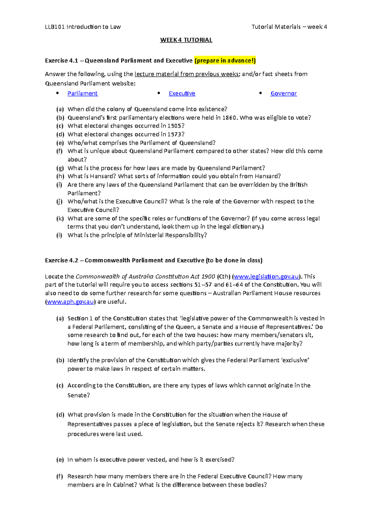 Week 4 Tutorial Week 4 Tut Questions Llb101 Introduction To Law Tutorial Materials Week 4