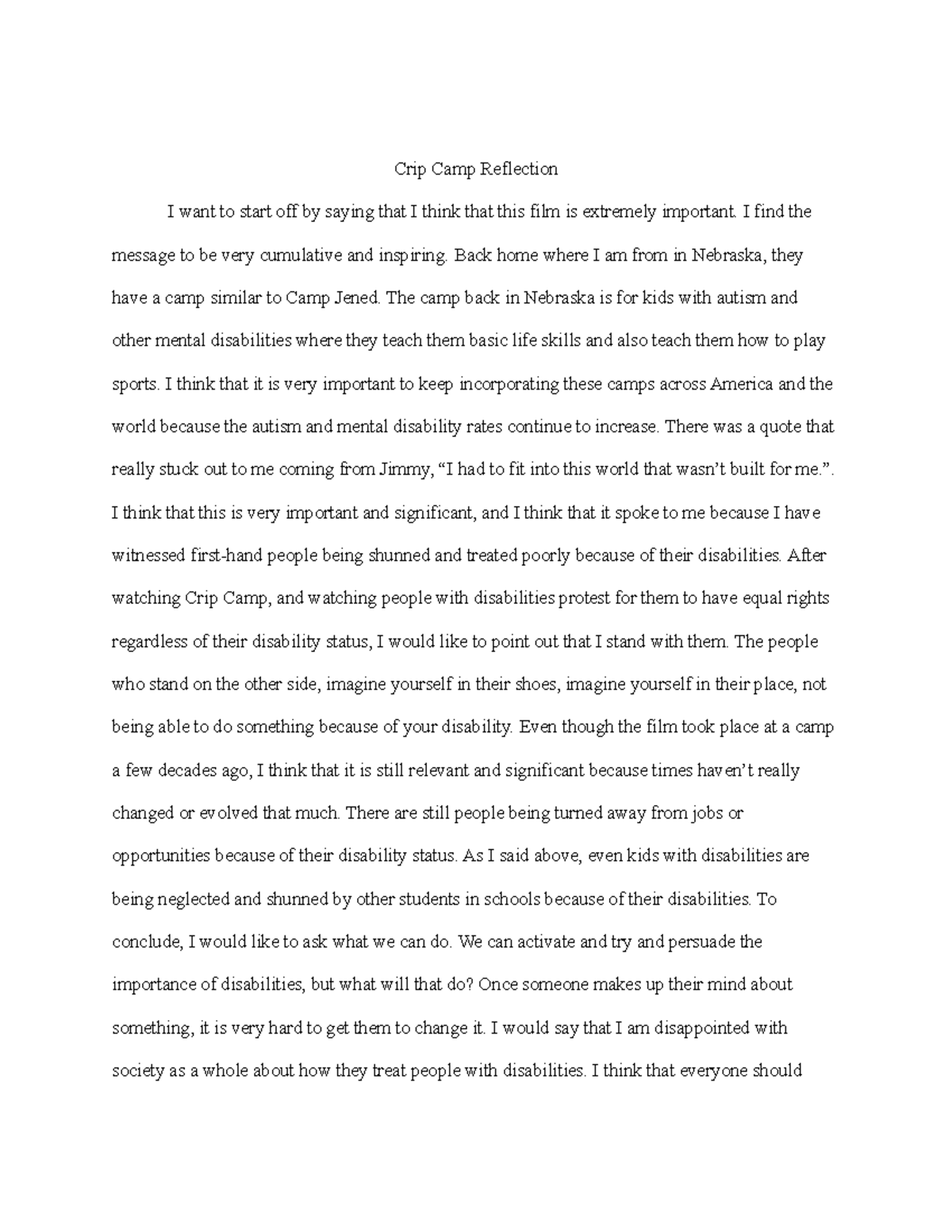 Crip Camp Reflection - I find the message to be very cumulative and ...