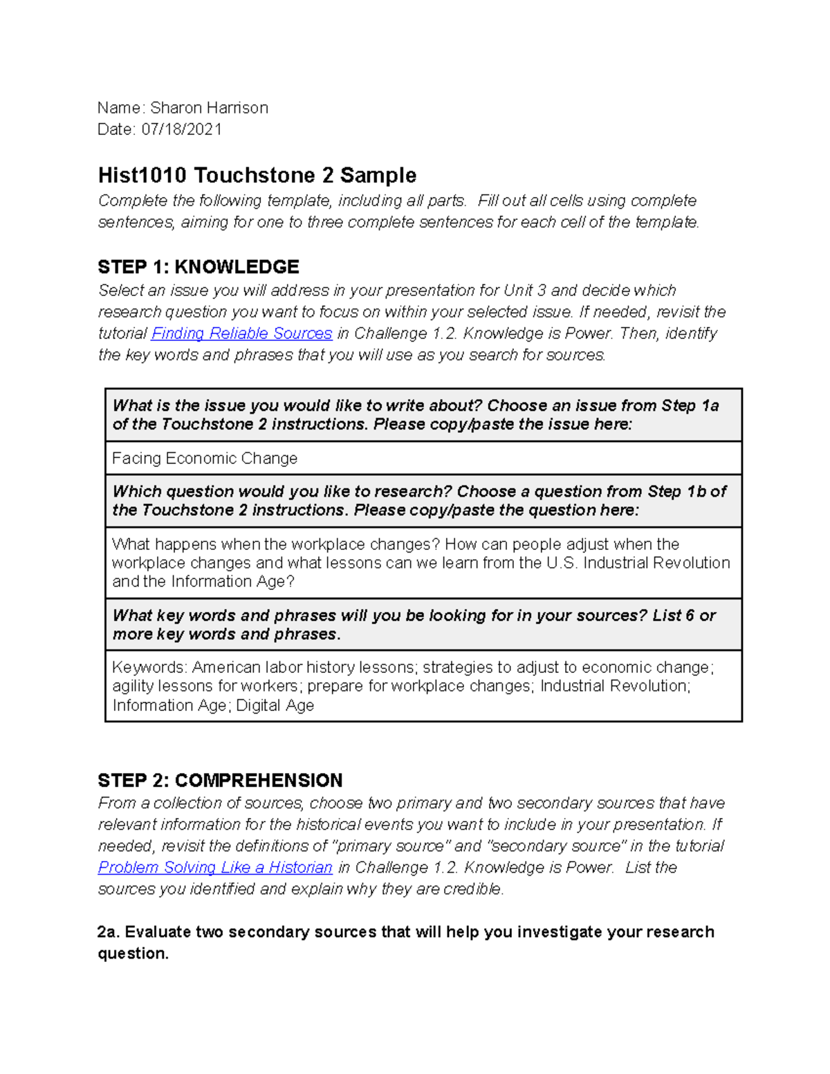 Touchstone 2 Sample - HIS 110 - Name: Sharon Harrison Date: 07/18 ...