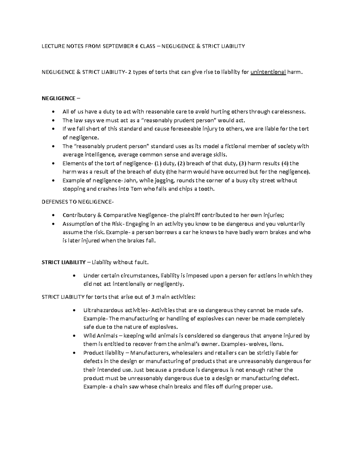Lecture Notes from Sep 6 class on Negligence and Strict Liability ...