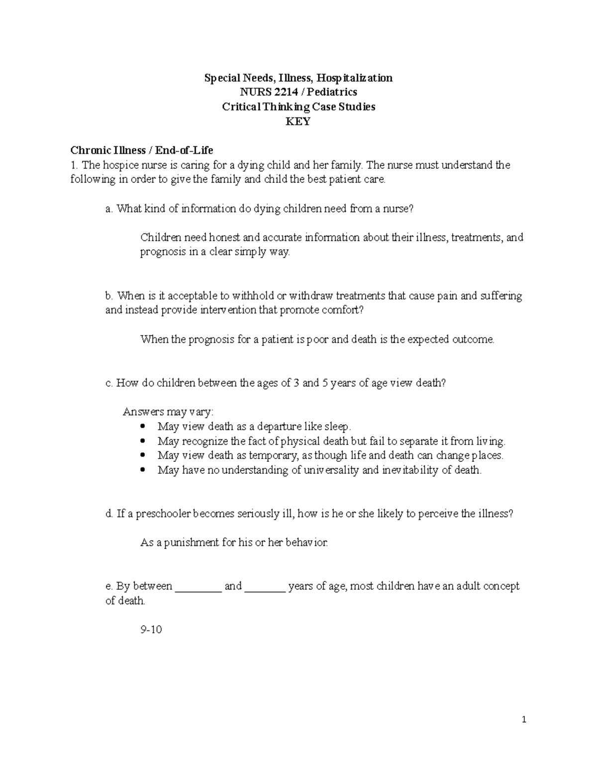 Special Needs, Illness, Hospitalization Critical Thinking Case Studies ...