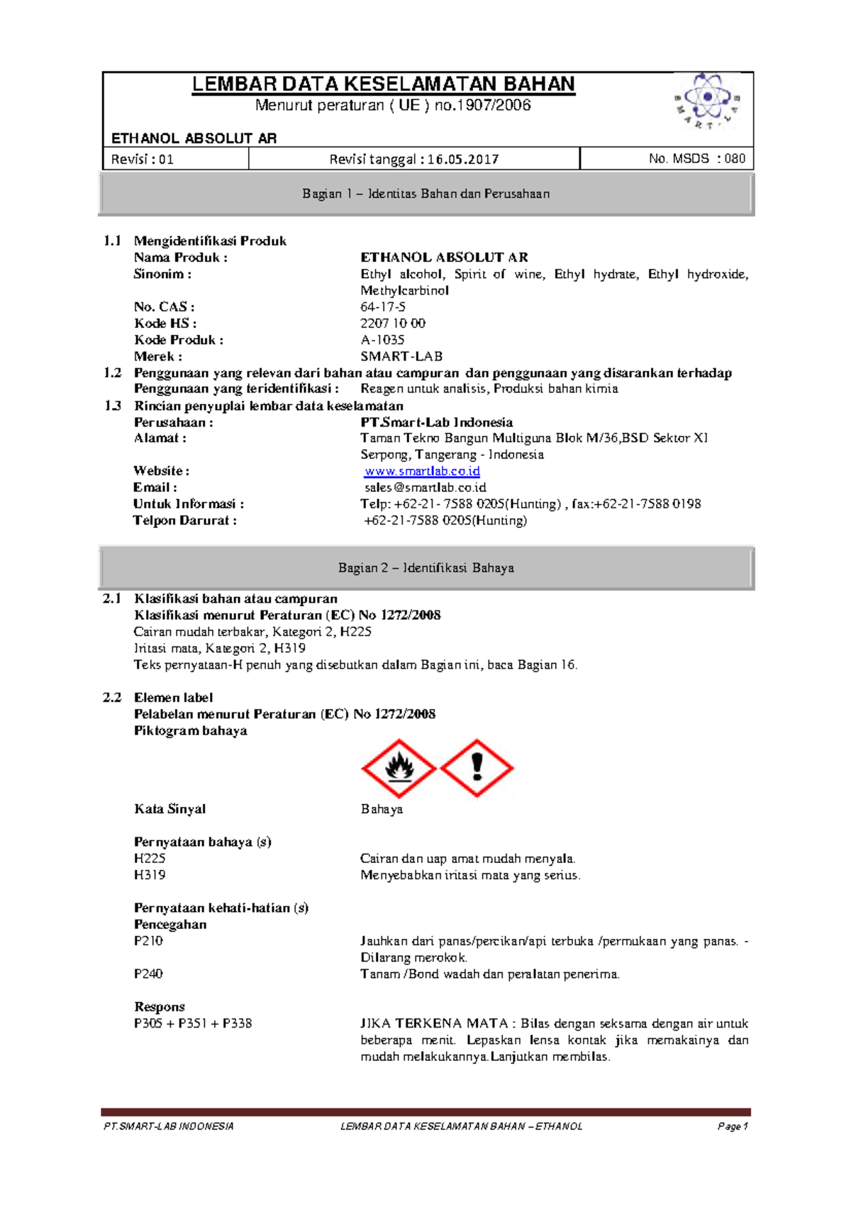 MSDS Ethanol Etanol Smartlab - Menurut peraturan ( UE ) no/ ETHANOL ...