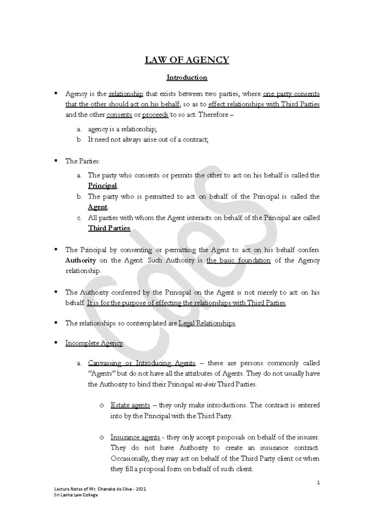 Law of Agency - Part I - 1 Lecture Notes of Mr. Chanaka de Silva - 2021 ...