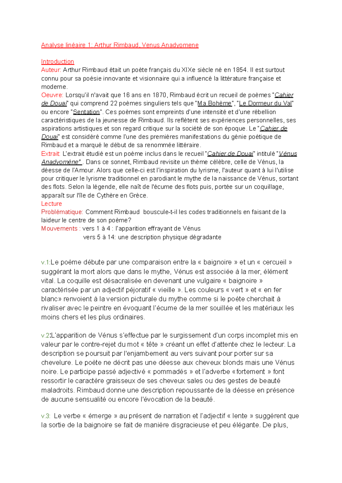 Venus Anadyomene - Analyse linéaire 1: Arthur Rimbaud, Venus Anadyomene ...