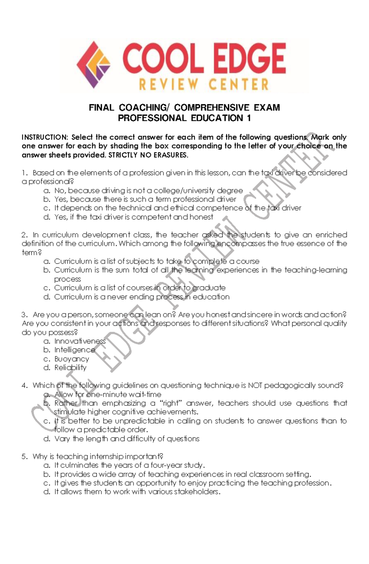 FC 1 Prof Ed Exam - None - INSTRUCTION: Select the correct answer for ...