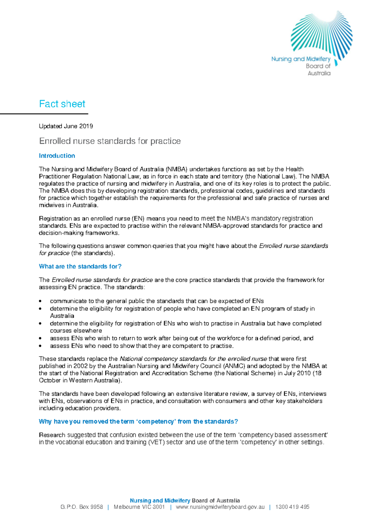 Nursing and Midwifery Board Fact sheet Enrolled nurse standards for practice December 2016 - Studocu