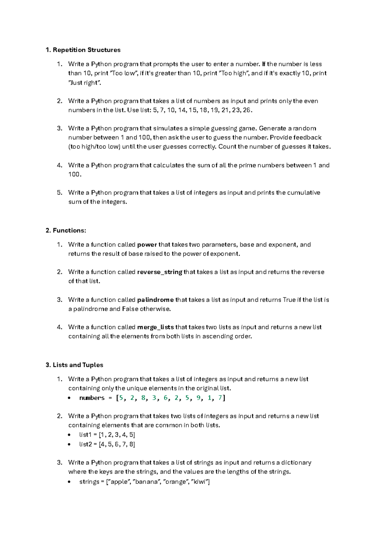 Chapter 4, 5, 7 - nice questions - Repetition Structures Write a Python ...
