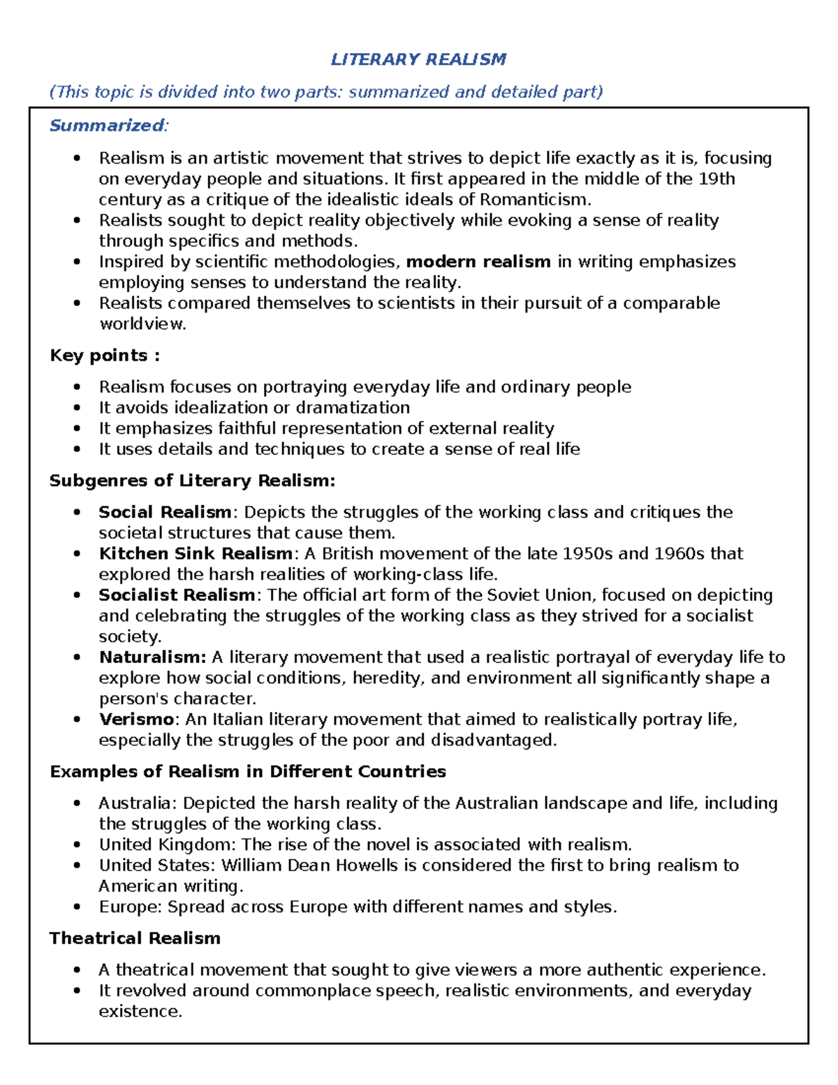 Literary Realism - LITERARY REALISM (This topic is divided into two ...