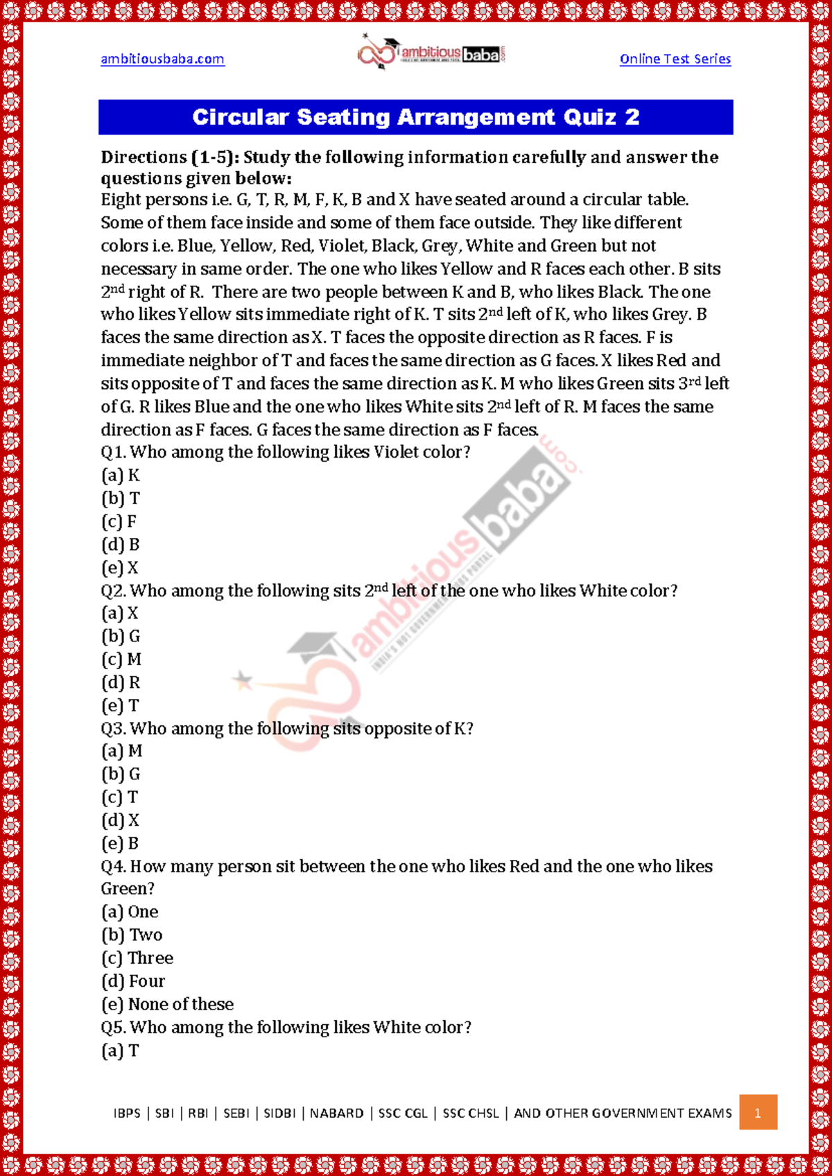 Circular Seating Arrangement Quiz 2 - G, T, R, M, F, K, B and X have ...