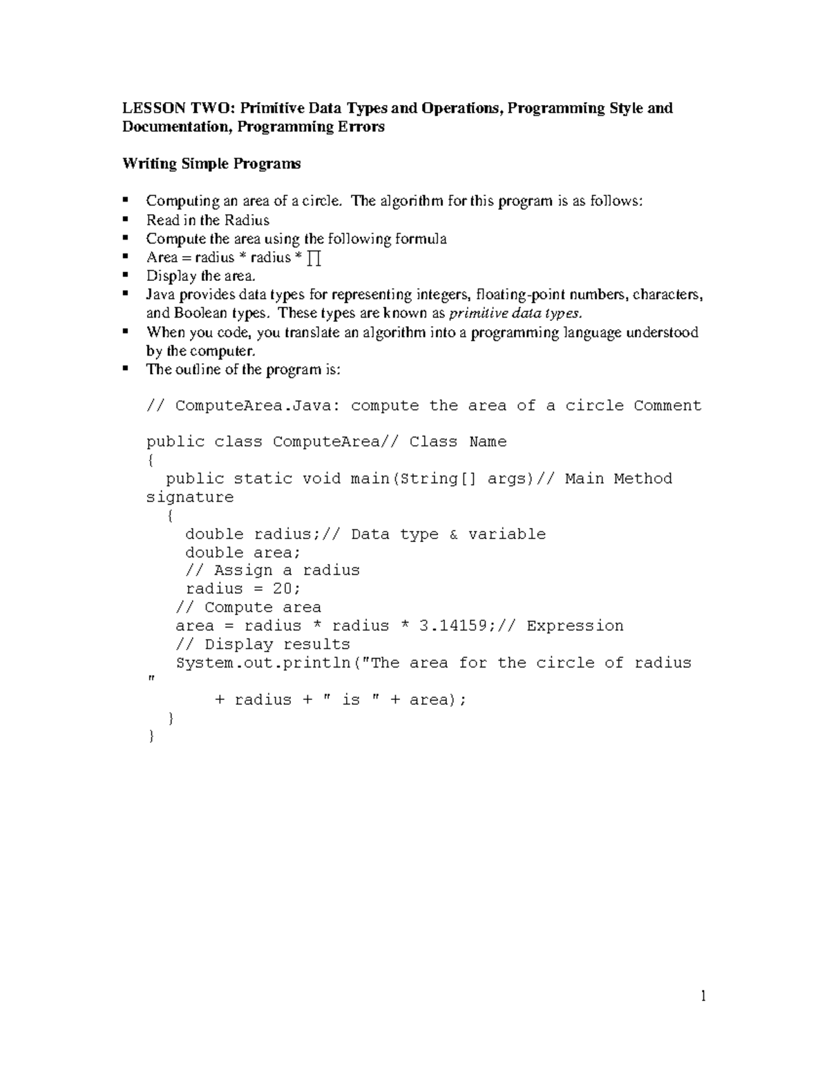 Lesson Two JAVA DIT3104 - LESSON TWO: Primitive Data Types and ...