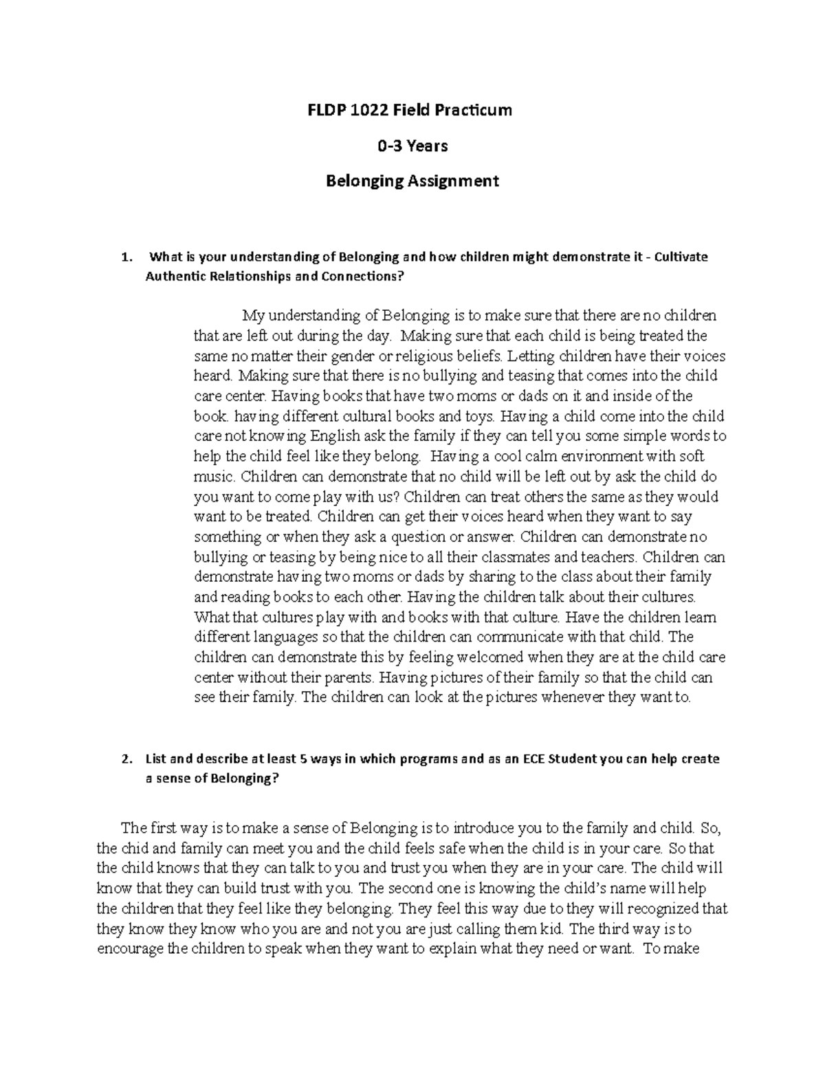 FLDP 1022 Field Practicum Belonging (1) - FLDP 1022 Field Practicum 0-3 ...
