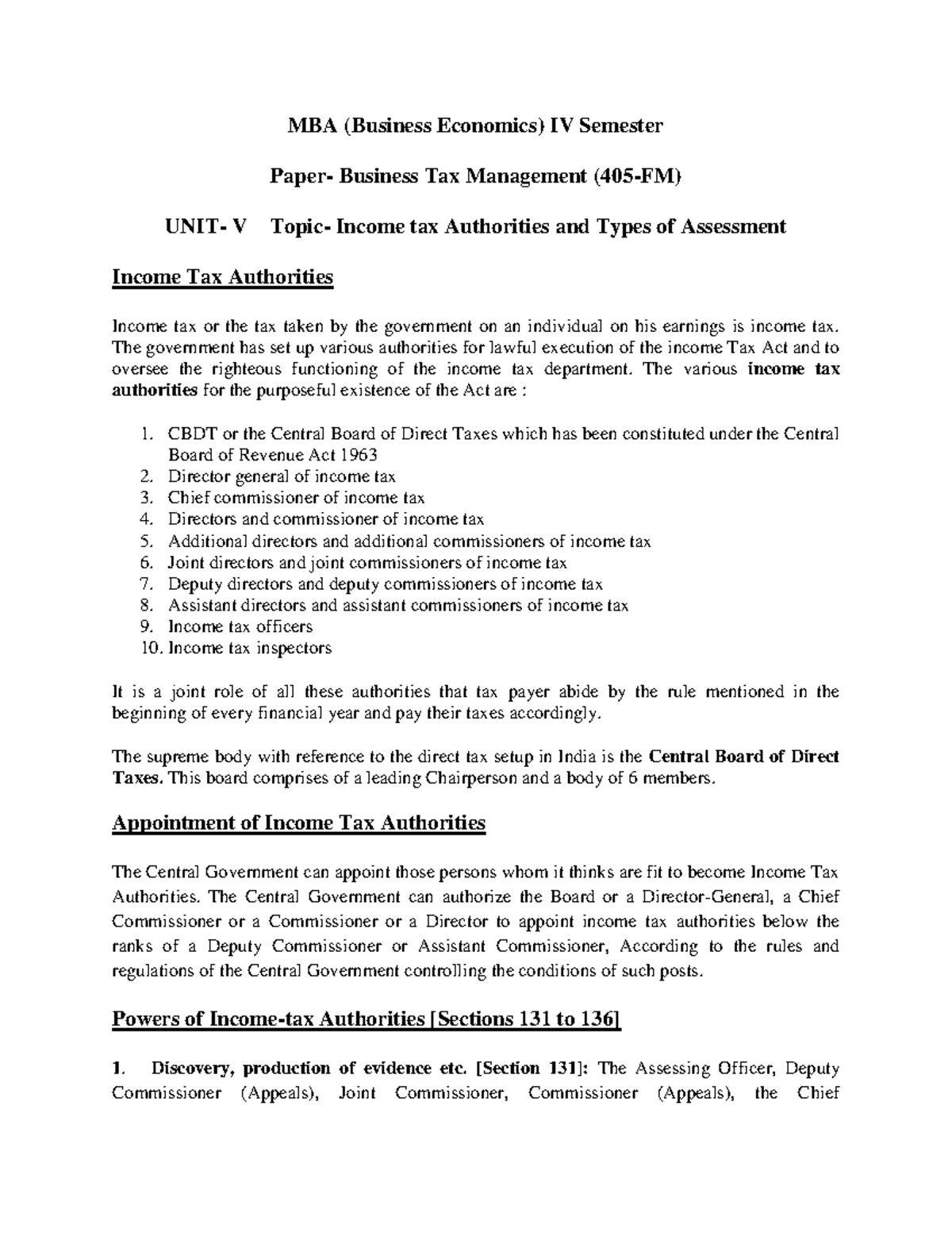 Income tax Authorities and Types of Assessment (MBA (BE) IV SEM) - MBA ...